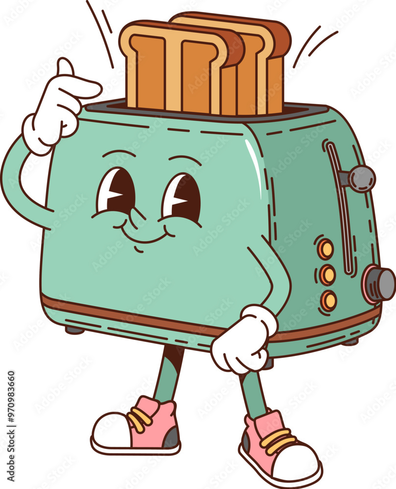 Cartoon toaster retro groovy breakfast character with a smiling face ...