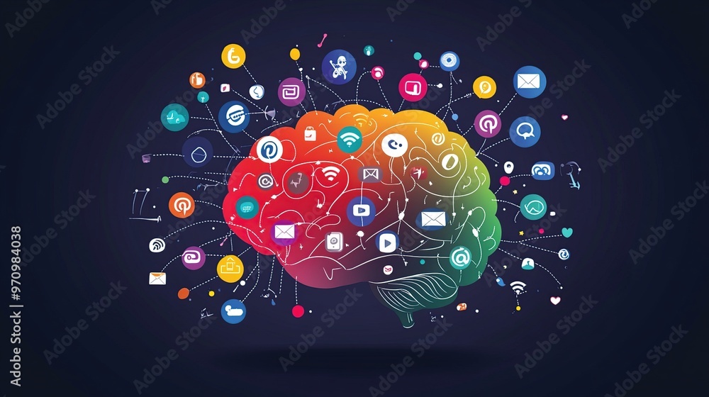 Abstract representation of a brain and social media icons interacting ...