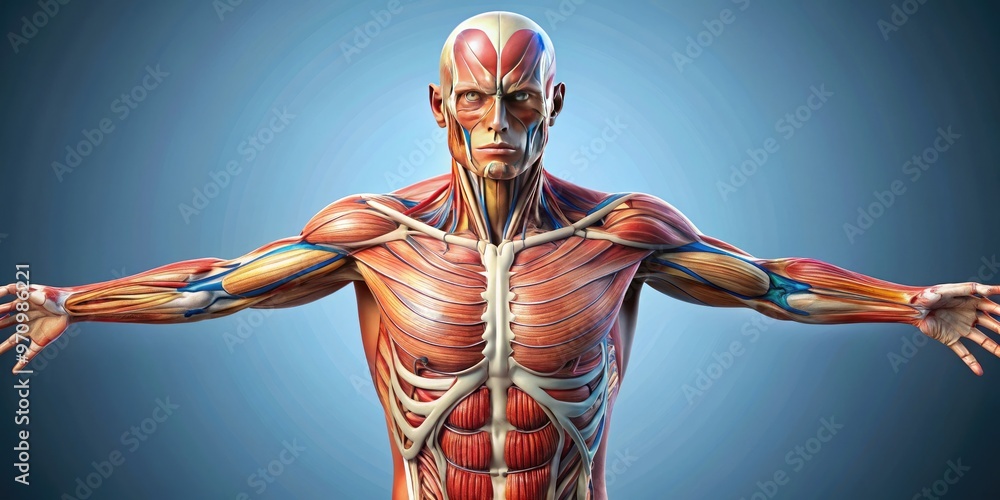 Anatomical illustration of the human body showcasing labeled muscles ...