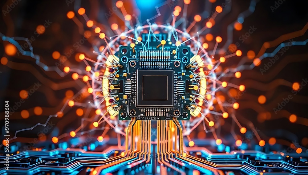 Abstract technology background of a quantum computing system with processor and electronic ...