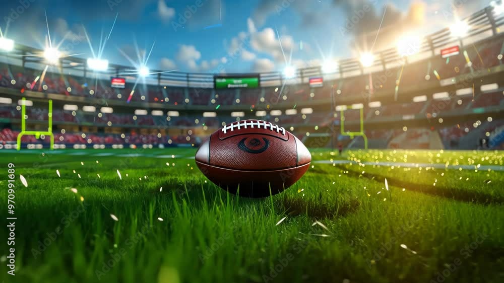 High-resolution panoramic view of football stadium, green grass field ...