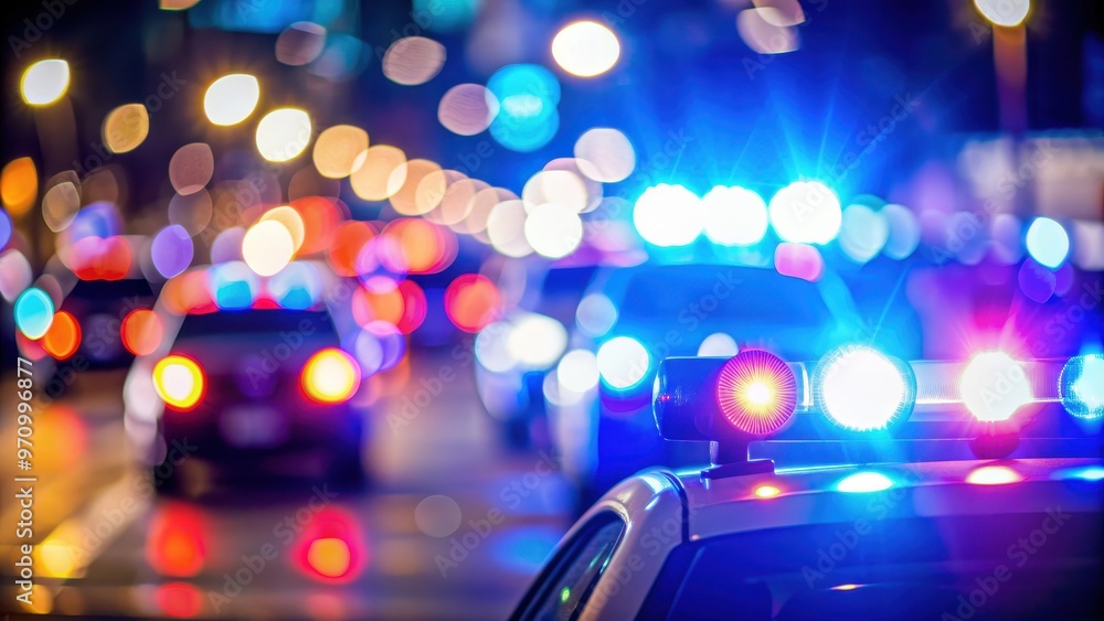 Blurry background of police flashing lights illuminating crime scene ...