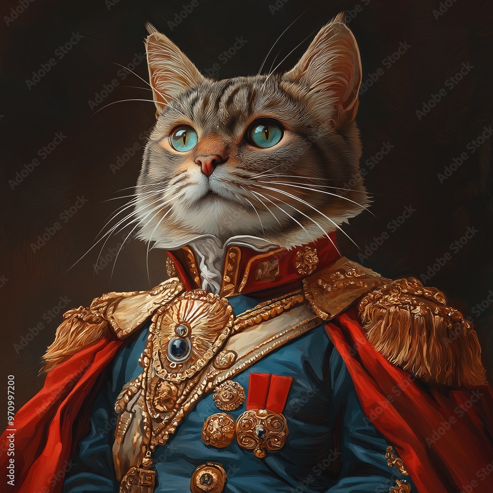 Portrait with Fluffy Cat Dressed Up as General, Tsar or Imperator. Cat ...