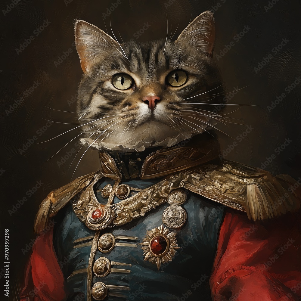 Portrait with Fluffy Cat Dressed Up as General, Tsar or Imperator. Cat ...