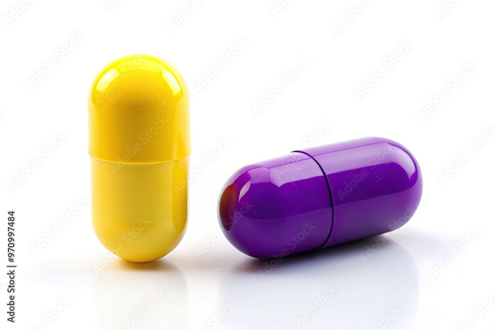 A single yellow pill and a single purple pill stand out against a clean ...
