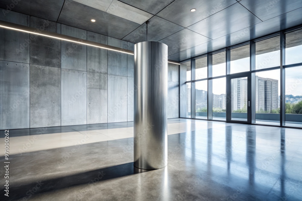 A sleek, silver metallic pillar rises from a polished concrete floor ...