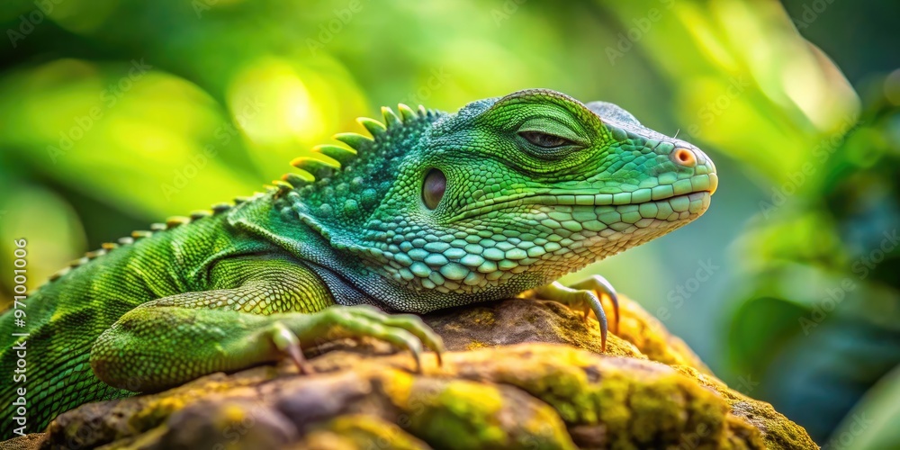 A small, green, scaly lizard curls up tightly, eyes closed, and claws ...