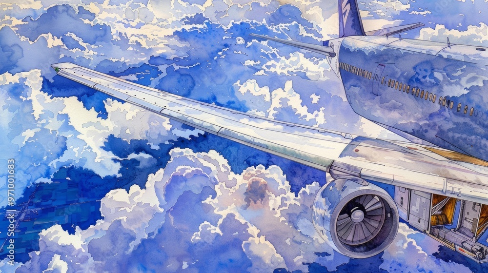 This watercolor painting depicts an ANA Boeing airplane. The airplane ...