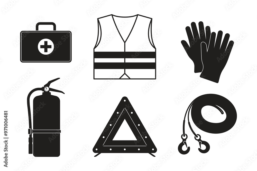 A set of pictograms, a car first aid kit, a reflective vest, gloves, a ...