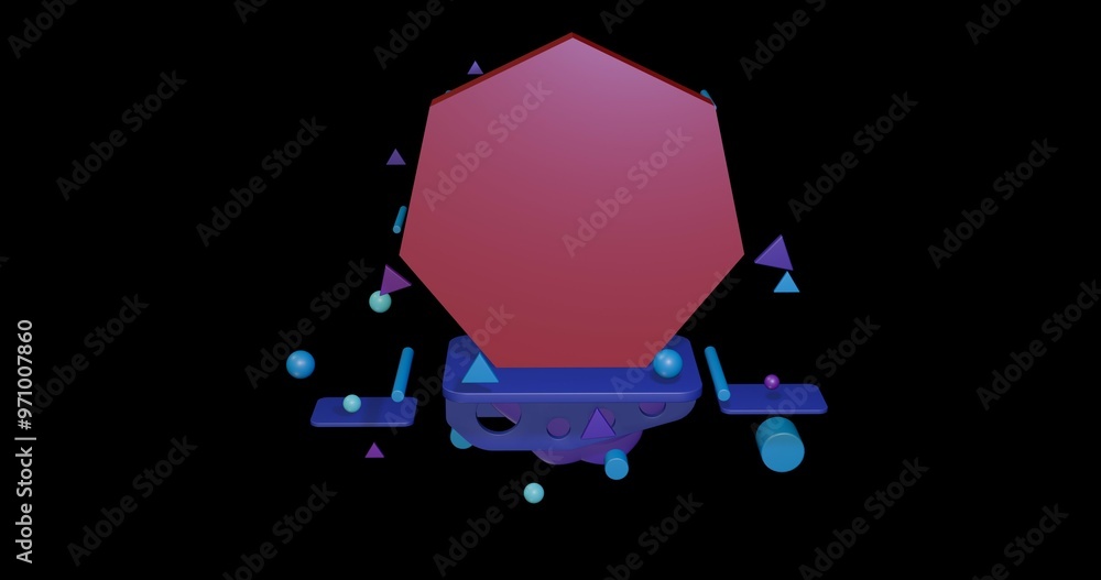 Red heptagon symbol on a pedestal of abstract geometric shapes floating ...