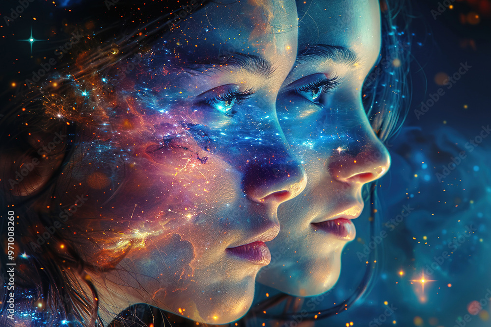 Gemini people with face close-up, east zodiac horoscope constellation ...