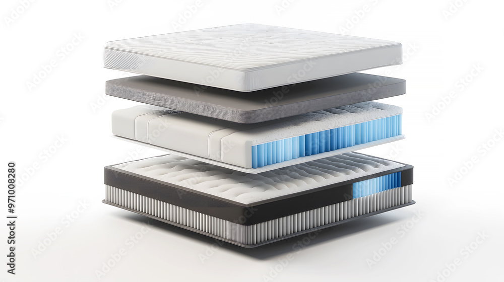 The mattress layers in an exploded view, showing the intricate ...