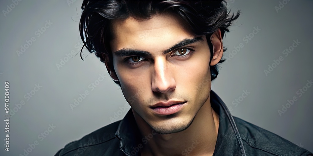 Attractive young adult male with chiseled features and jet-black hair, gazing intensely with ...