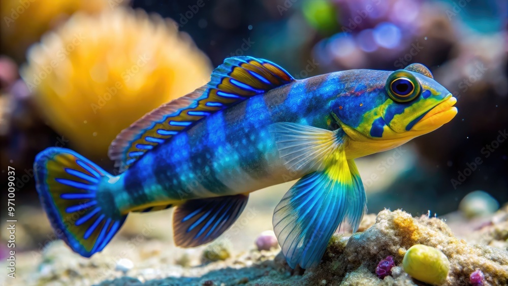 A vibrant blue and yellow stingfish swims in the crystal-clear waters ...
