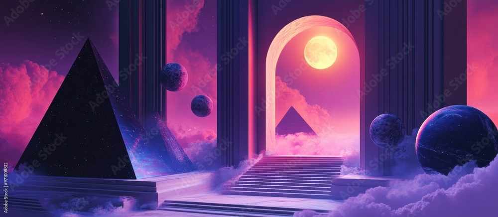 Surreal illustration featuring a window alongside pyramids spheres and ...