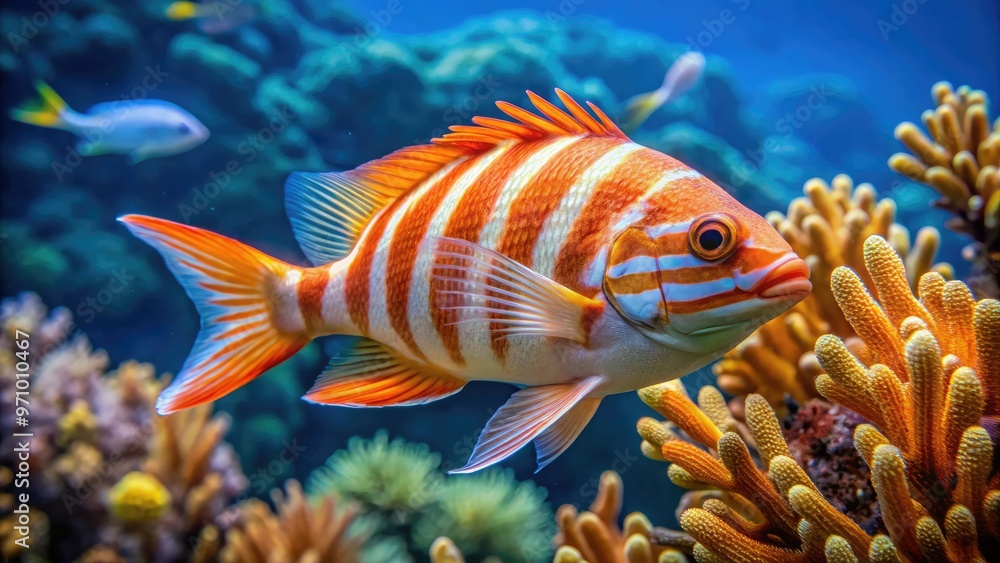 A vibrant orange and white striped long fish swims horizontally in a ...