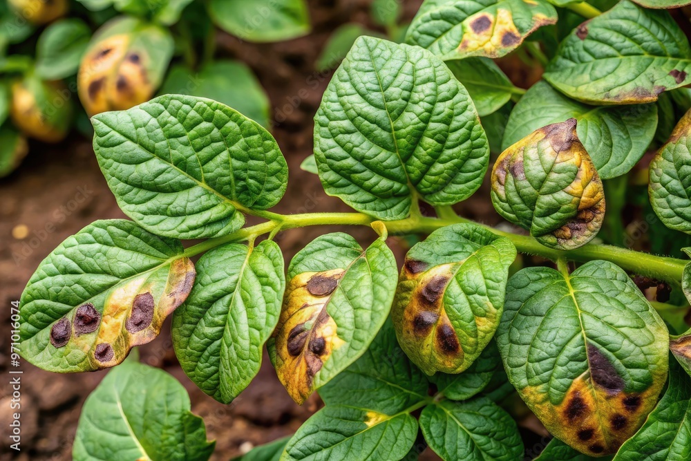 Brown scab lesions cover diseased potato plant leaves, stems, and ...