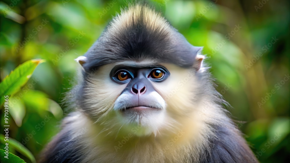 Close-up portrait of a rare and endangered black snub-nosed monkey with ...