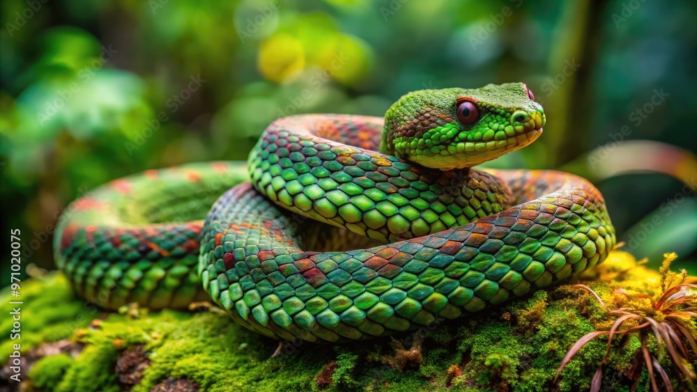 Coiled Mang Mountain pit viper, a venomous species found in Southeast ...