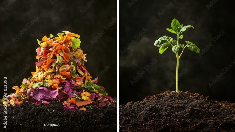 Transformation of organic waste into new growth: compost and seedling ...