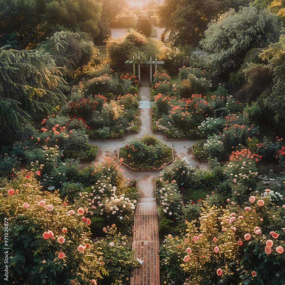 Lush rose garden, intricate pathways, golden hour, bird's-eye view ...