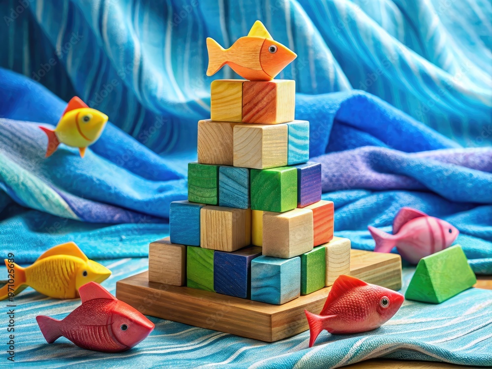 Colorful wooden blocks shaped like fish, stacked precariously in a ...