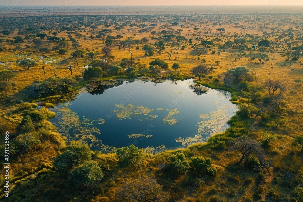Savanna waterhole, diverse fauna, golden hour, bird's-eye view, vibrant ...