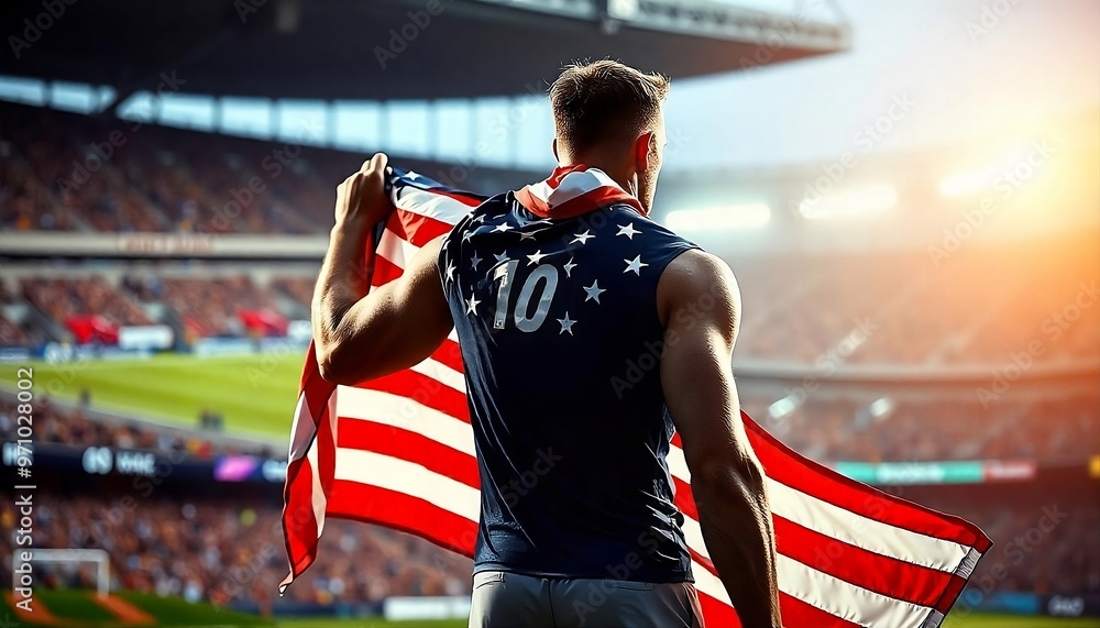 male athlete Athlete wrapped in U.S.A flag, American flag draped over ...