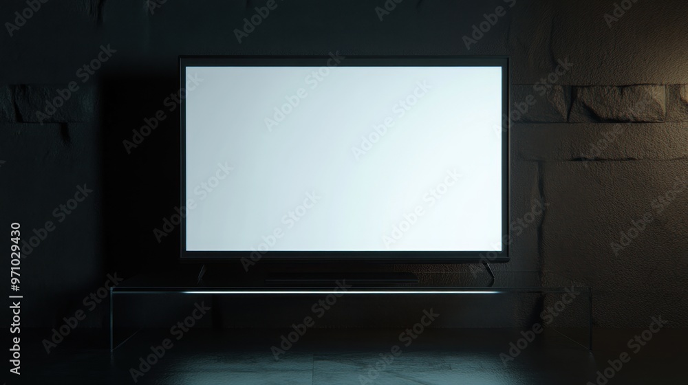 Blank white TV screen in a dark room, positioned on a sleek glass shelf ...