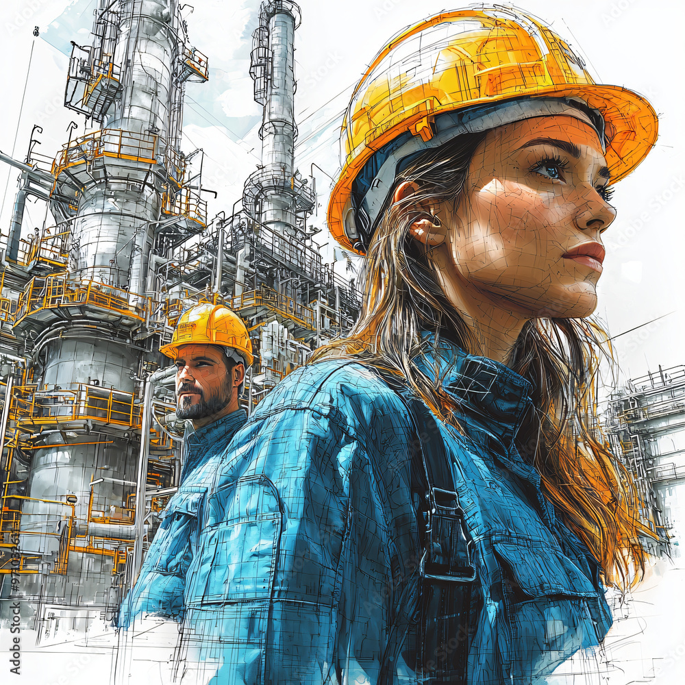 African Oil and gas workers, men and women in blue overalls with health ...