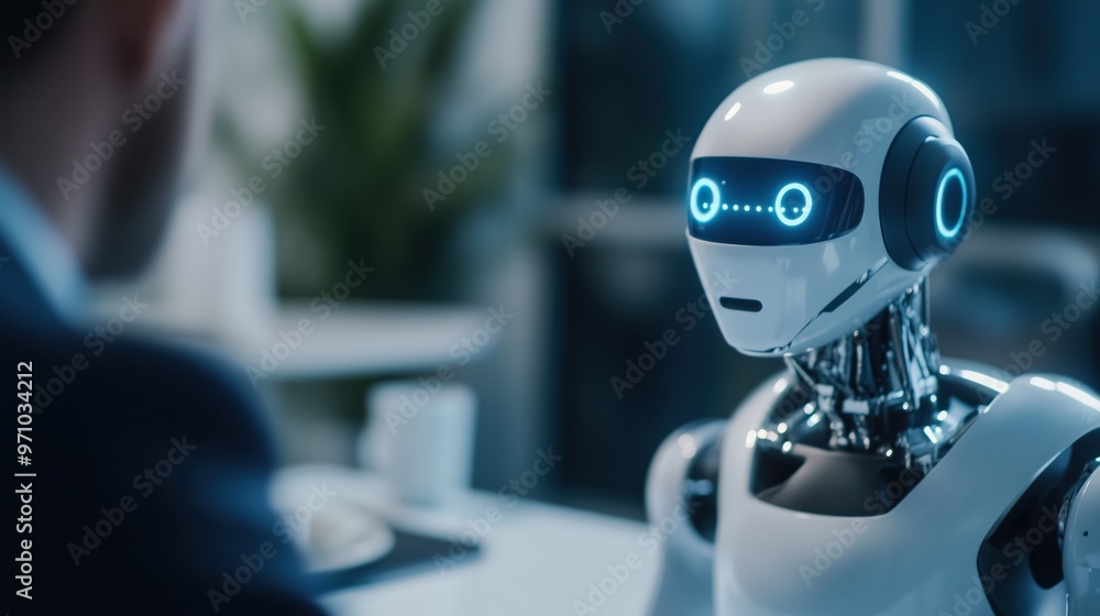 Futuristic job interview with advanced robot in modern office setting ...
