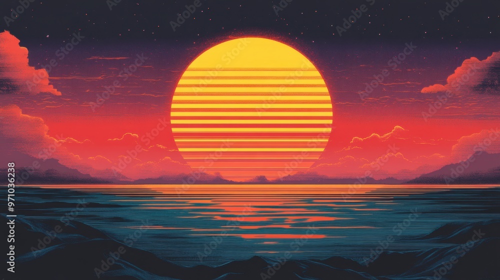 Retro-style sun with horizontal stripes positioned low on the horizon ...