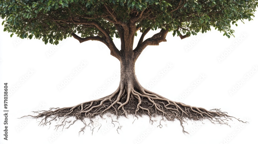 Tree with exposed roots isolated on a white background with intricate ...