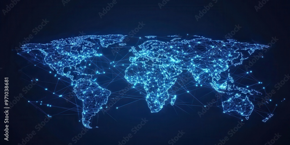 A digital illustration of a global network map, showcasing ...