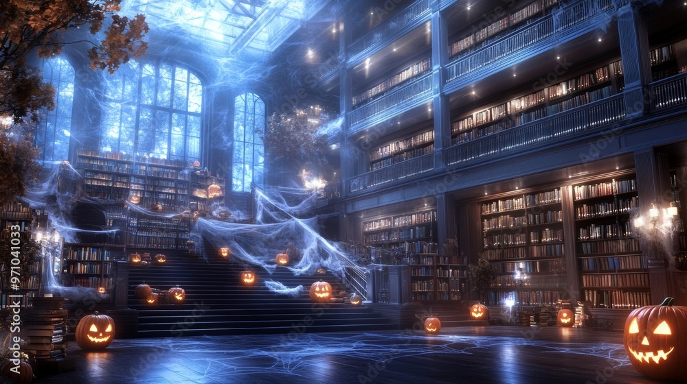 Halloween-themed library glowing with eerie lights cobwebs covering the ...