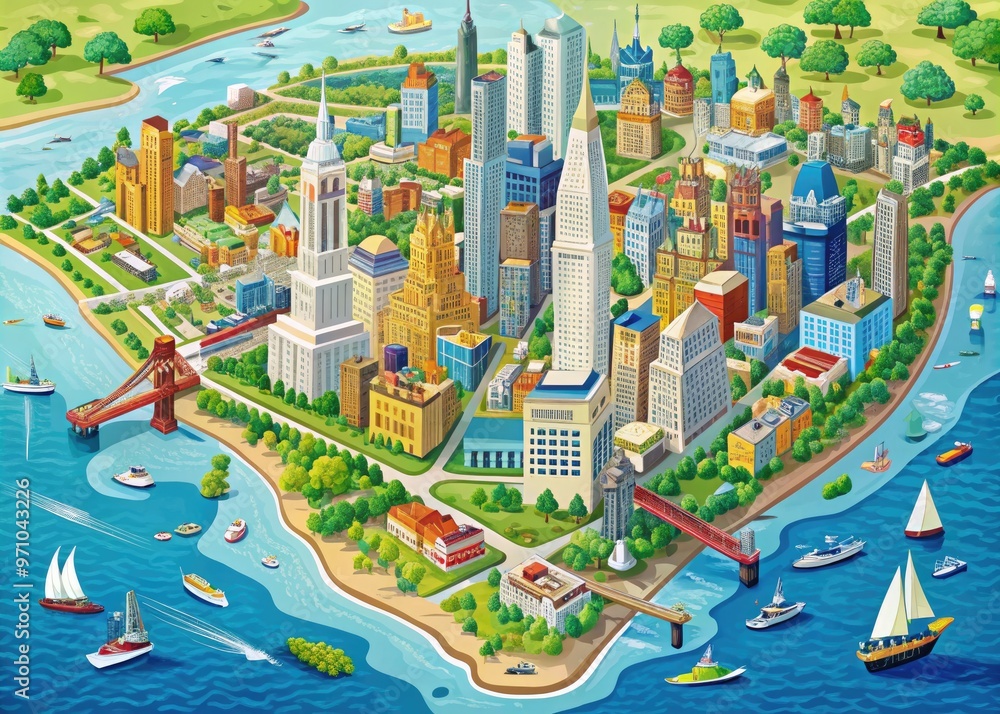Detailed illustration of a stylized map of Manhattan, showcasing iconic ...