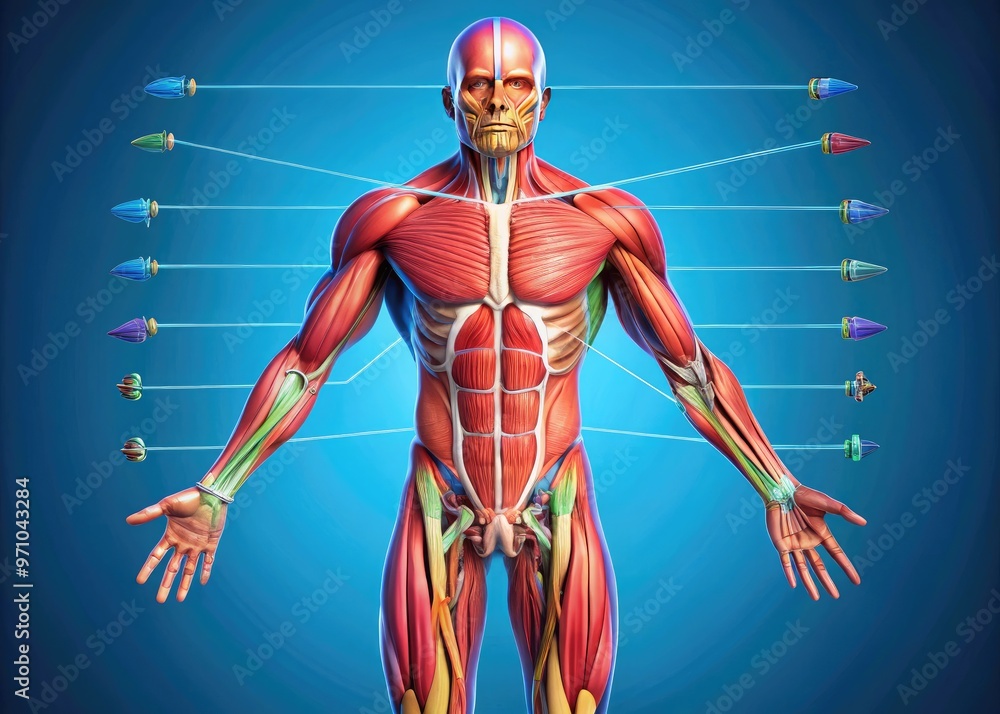 Detailed illustration of the human muscular system, showcasing major ...