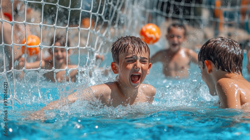 Kids playing water volleyball in a pool, with a net set up and ...