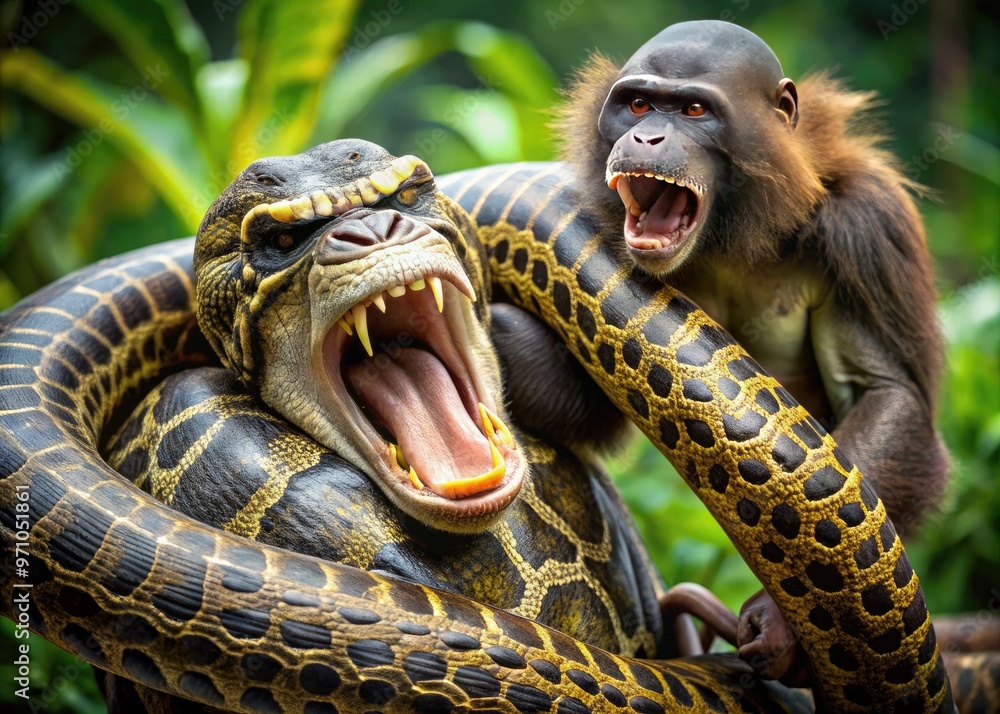 Fierce reptile constricts struggling primate in a deadly coil, razor ...