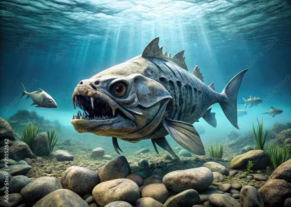 Fossilized remains of an ancient armored fish, Dunkleosteus, with ...