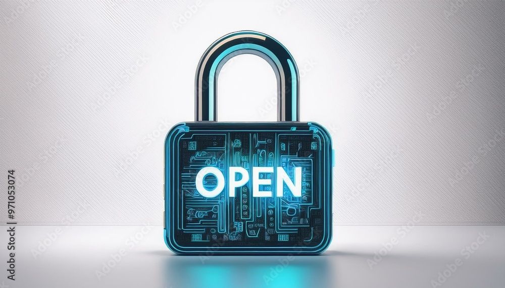 Open digital lock icon with coding text on a white background. 3D ...