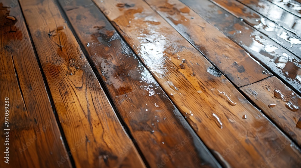 Detailed view of water damage on wooden floors, water pooling between ...
