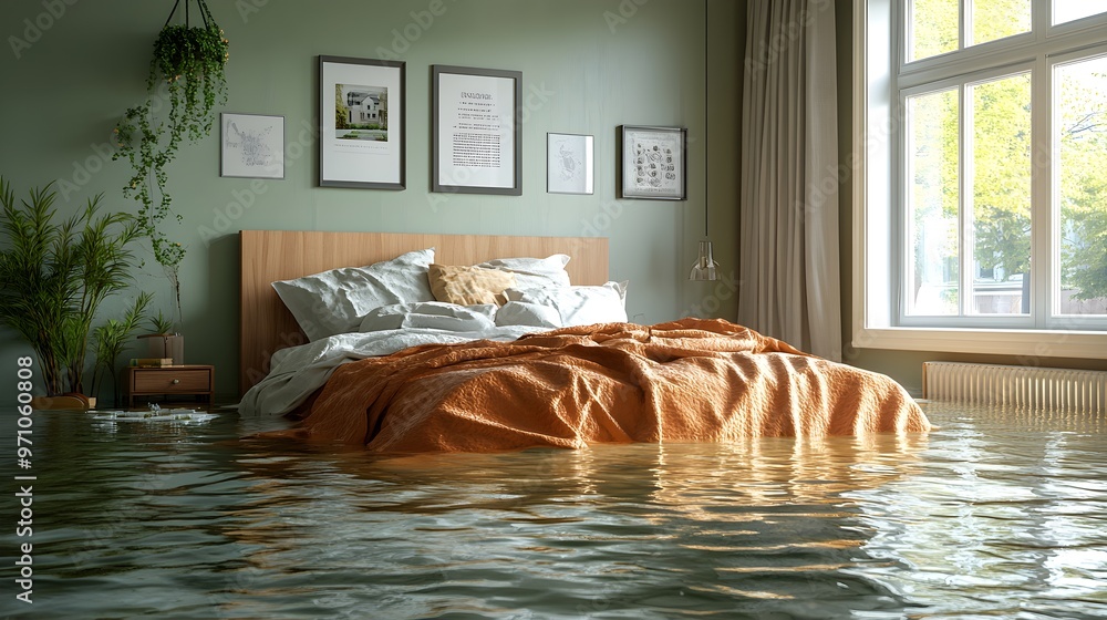 Flooded bedroom scene with drenched carpets and visible water stains on the walls, highlighting ...