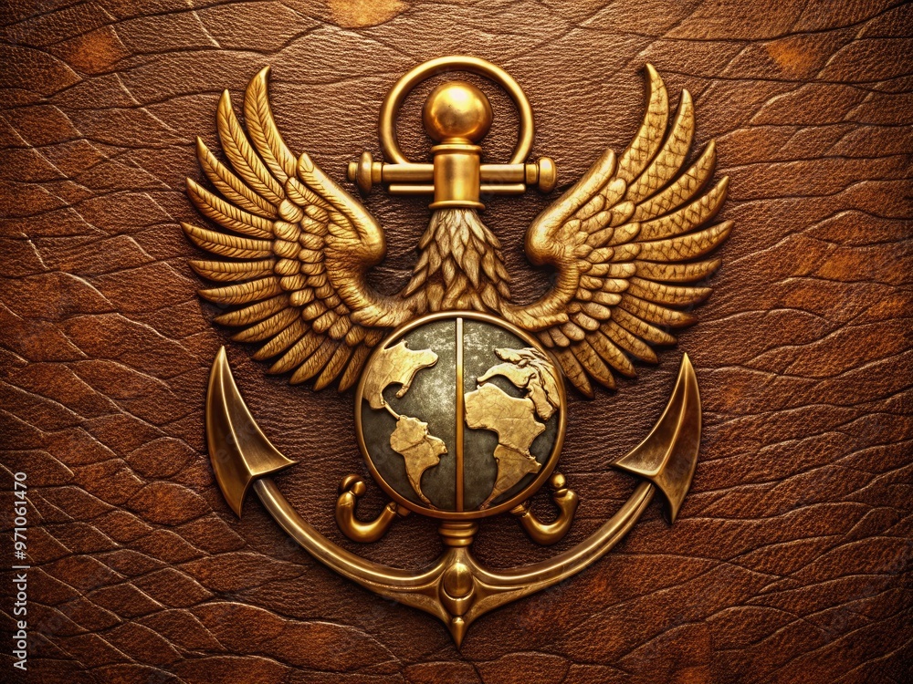 Golden eagle, globe, and anchor emblems proudly displayed on a richly ...