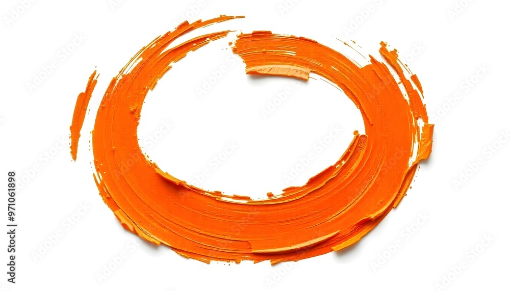 Hand painted circular stroke of orange paint brush on a white ...