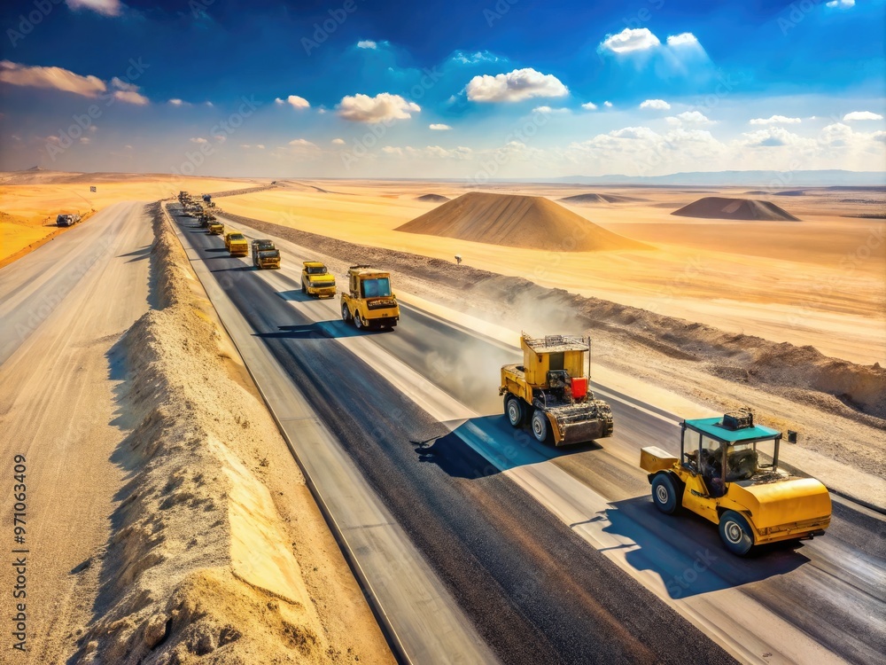 Heavy machinery and vehicles move earth and lay asphalt on a sprawling ...