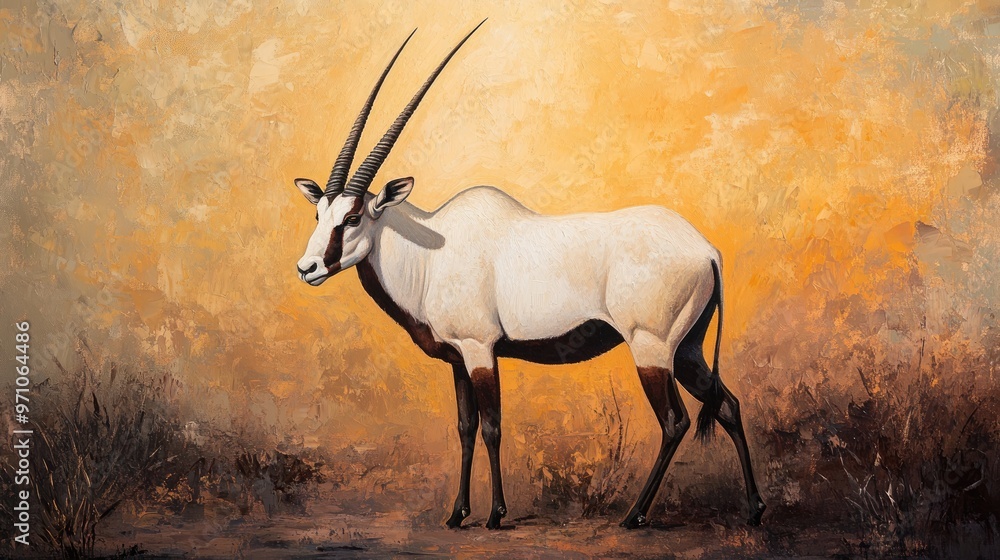 Oil painting of the Arabian oryx a unique antelope with a prominent ...