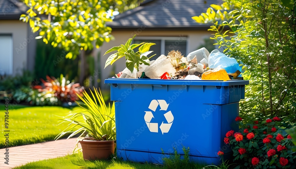 Vibrant suburban scene featuring a blue recycling bin brimming with ...