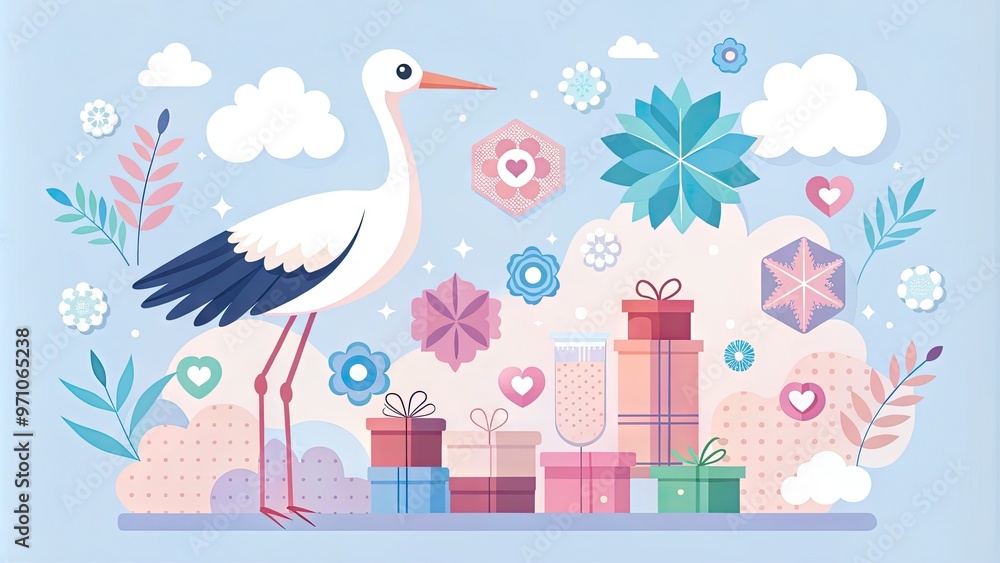 Illustrated stork delivering baby blocks with pink and blue hues ...