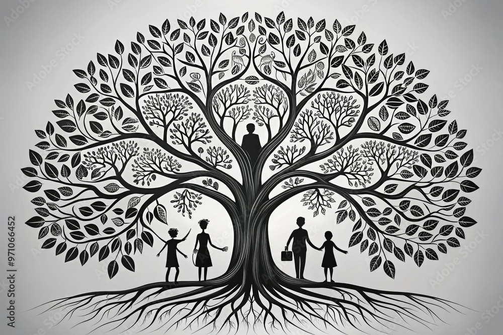 Intricate black and white illustration of a family tree with interconnected branches and roots ...